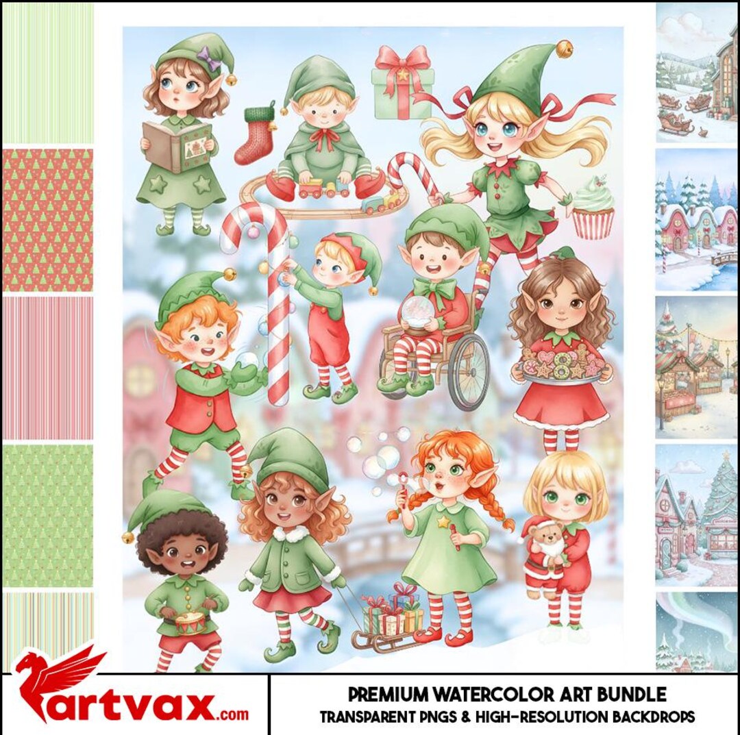 Christmas Elf Clipart Bundle | Watercolor Cute Elves Pngs | Digital ...