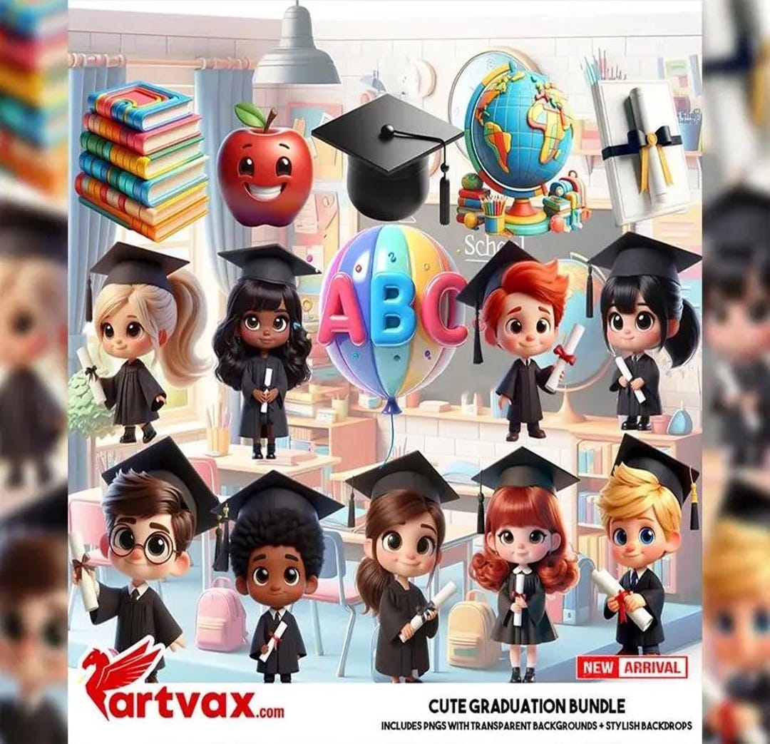 Cute Graduation PNG Bundle | 3D Classroom Kids Clipart | School Diploma ...