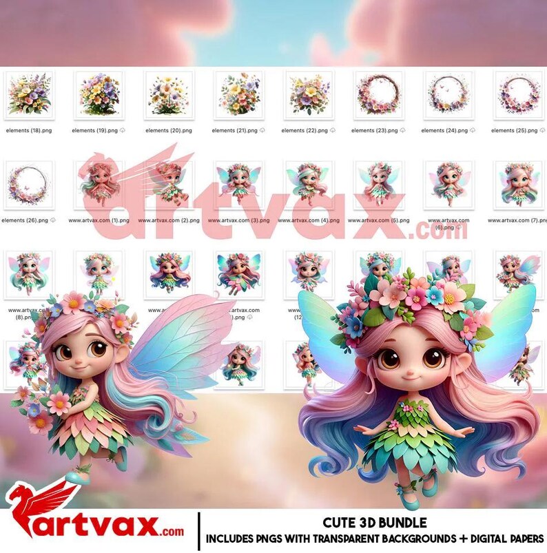 Paquete de imágenes prediseñadas de hadas lindas, jardín de flores de ...