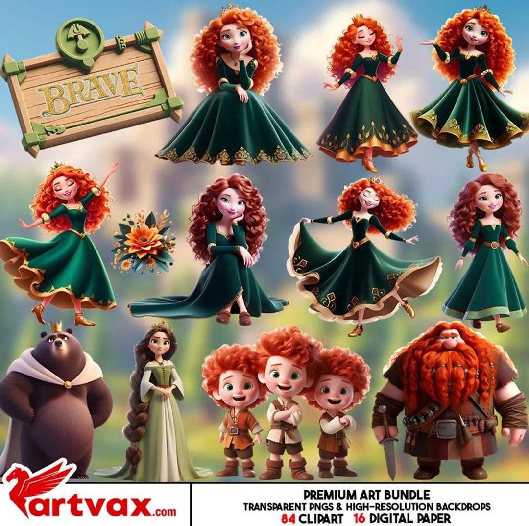 3D Brave Merida PNG Bundle, Princess Merida Clipart, Bear Triplets ...