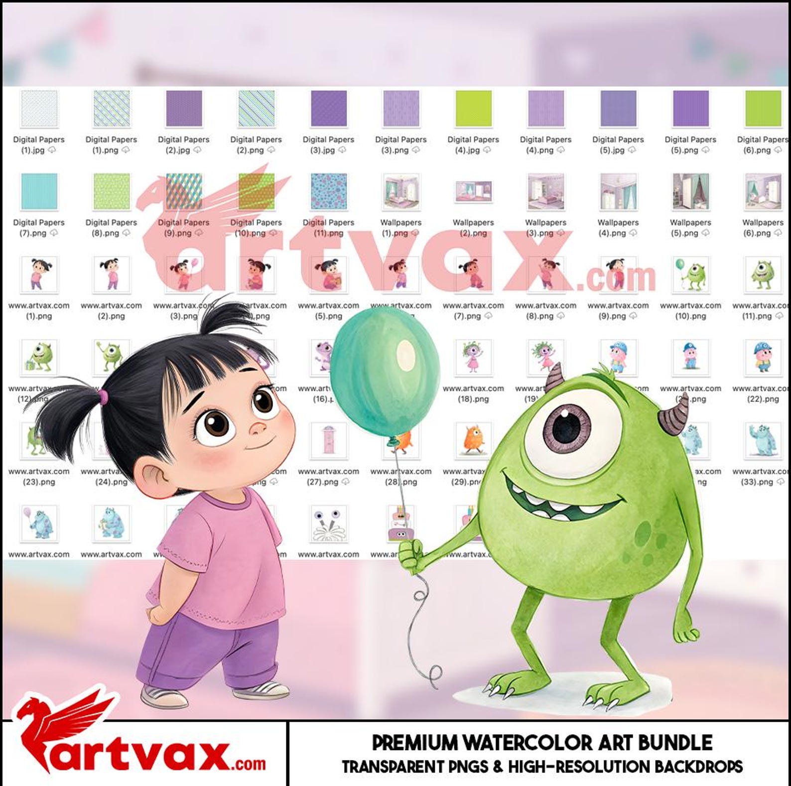 Monsters Inc Watercolor Clipart Bundle | Cute Pngs | Boo, Sulley, Mike ...