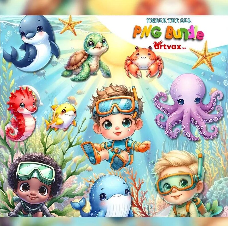 Under the Sea Clipart Bundle, Cute 3D Ocean Animal PNG, Scuba Diver Boy ...