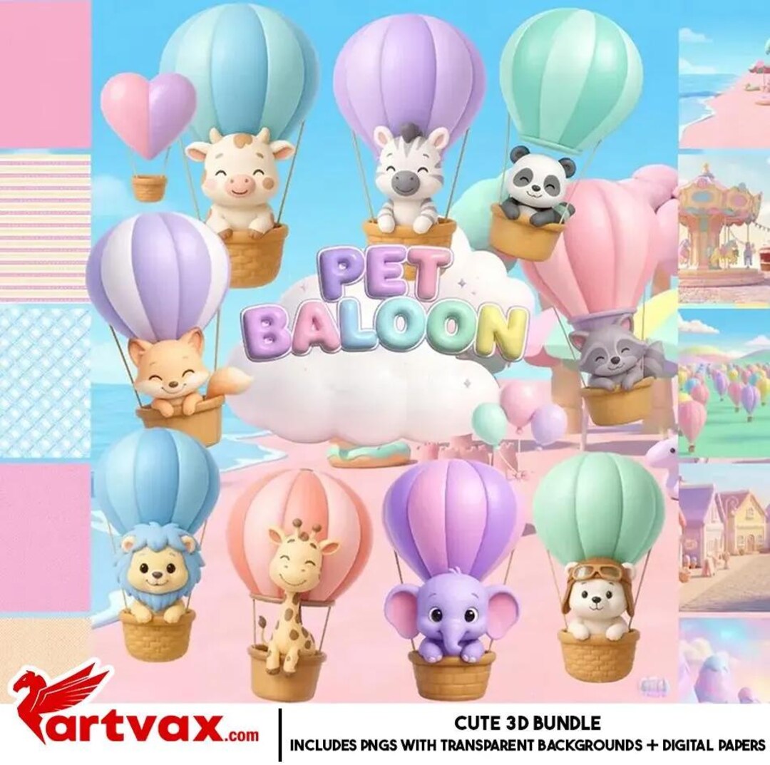 3D Hot Air Balloon Animals PNG Bundle, Cute Safari Nursery Clipart ...