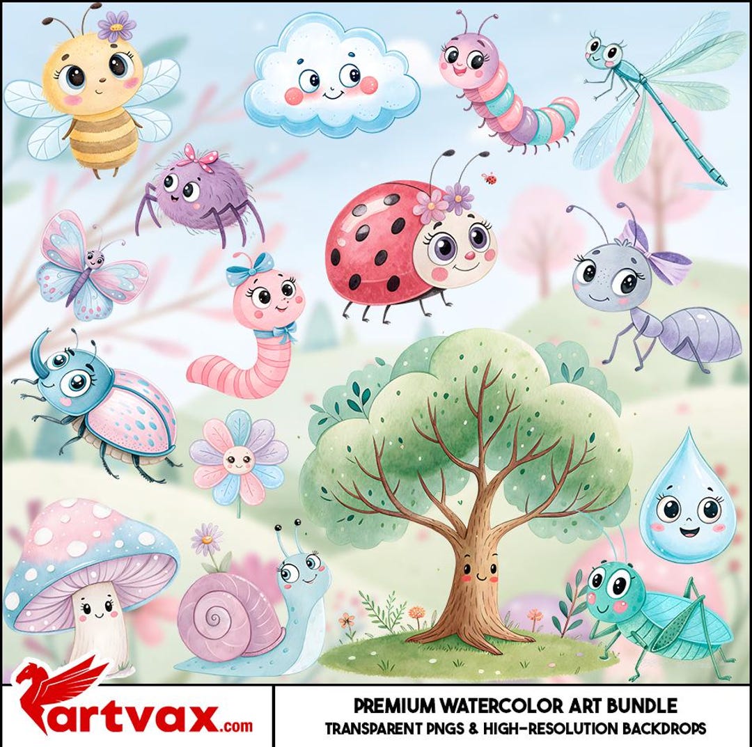Cute Bugs Watercolor Clipart Bundle | Ladybug, Bee, Snail, Butterfly ...