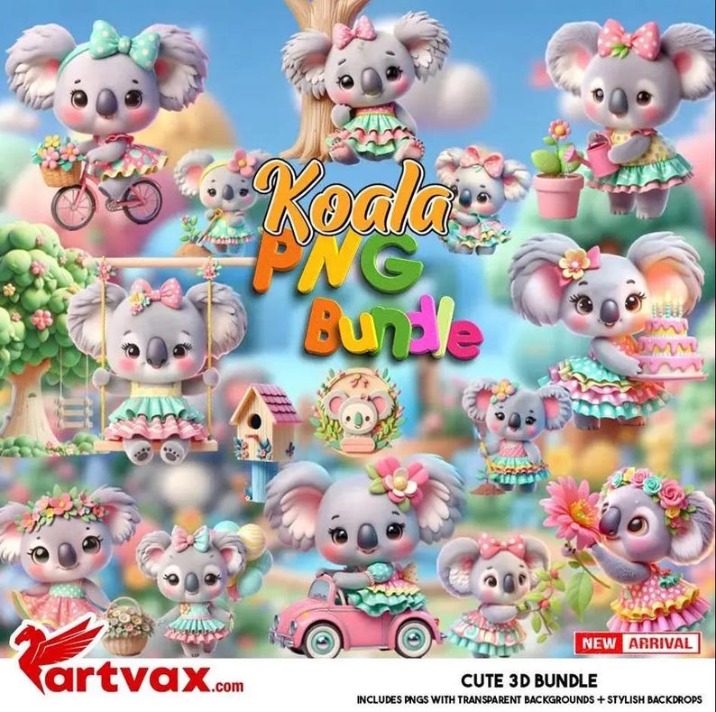 Koala Clipart Bundle, Cute 3D Animal PNG, Baby Girl Koala, Eucalyptus ...