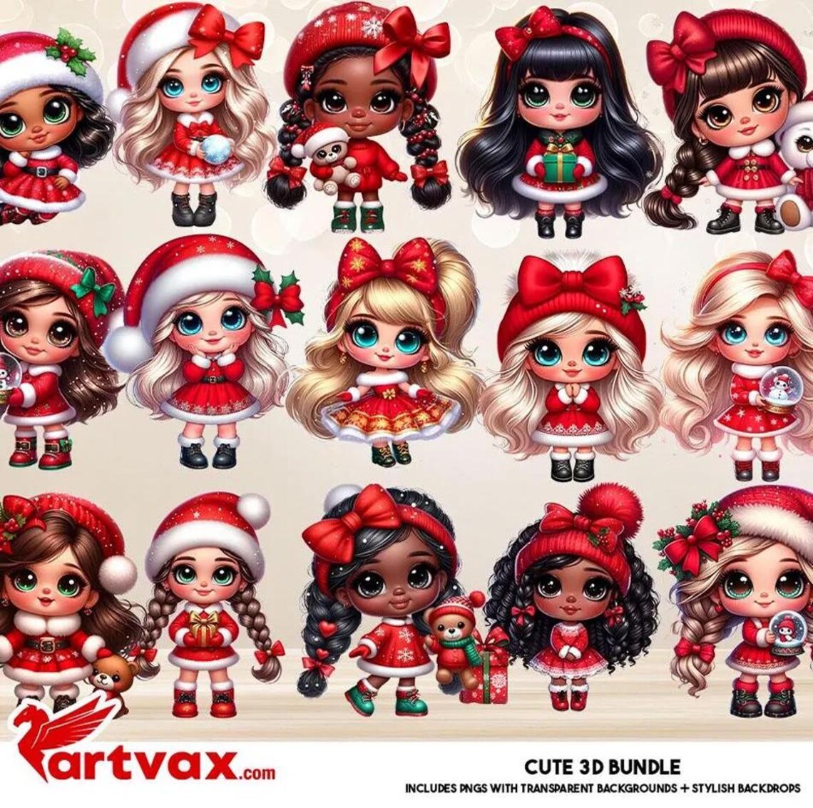 Cute 3D Christmas Girls PNG Bundle | Santa Baby Dolls Pngs | Digital ...