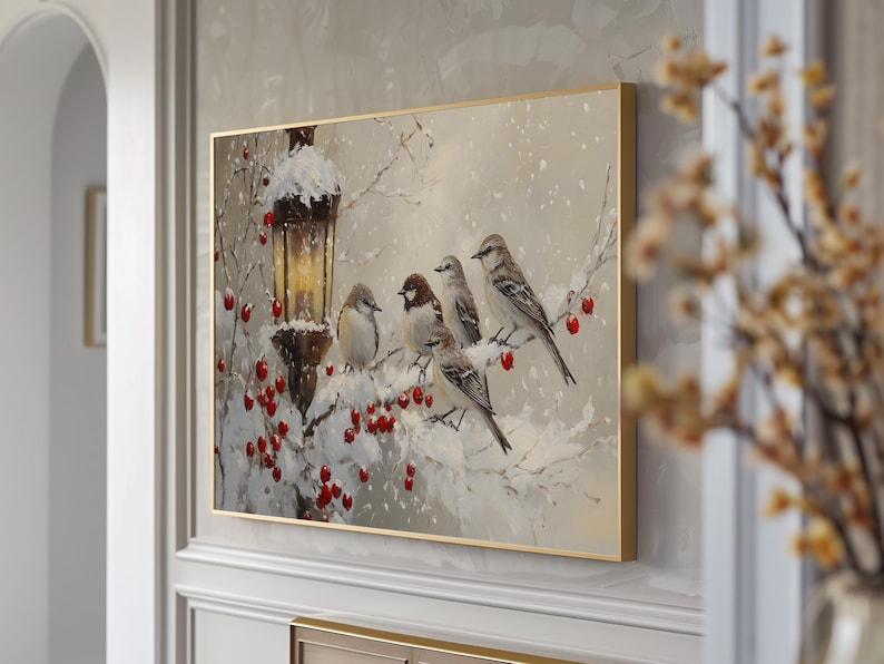 Vintage Winter Birds for Frame TV Display, Cozy Snowy Birds With ...