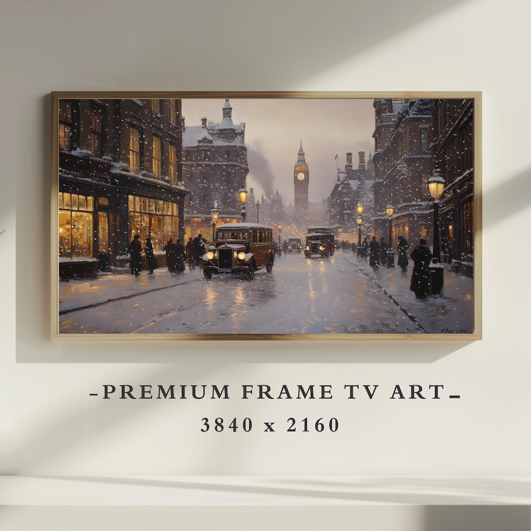 Vintage Winter London Frame TV Art, Nostalgic European Snowy Street ...