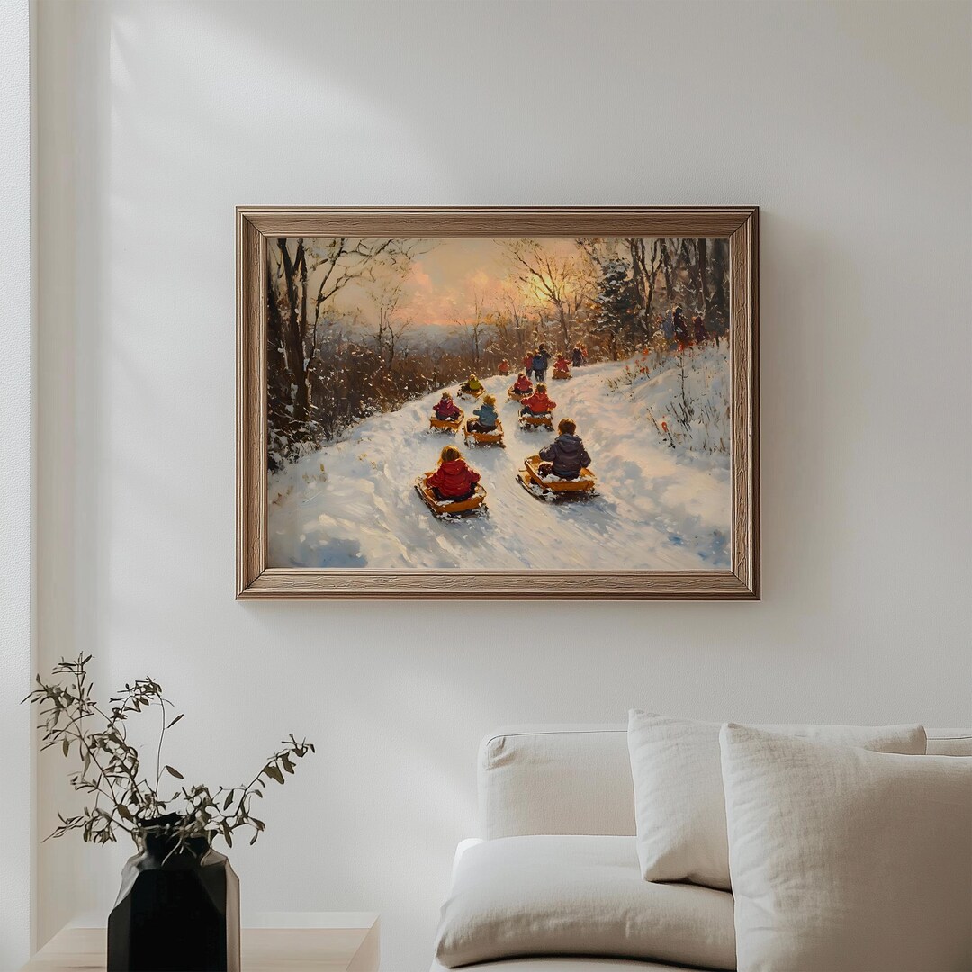 Winter Village Sledding Scene Art Print, Children Winter Sledding ...