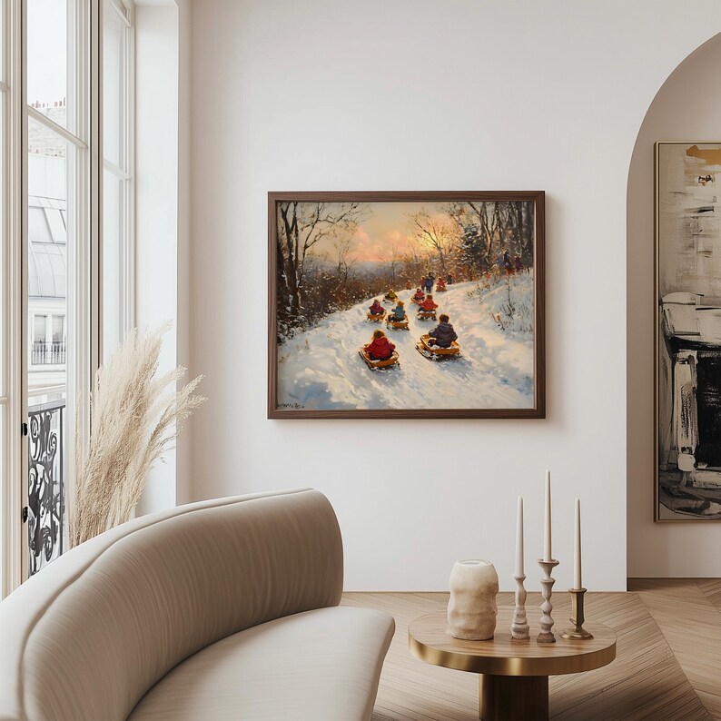 Winter Village Sledding Scene Art Print, Children Winter Sledding ...