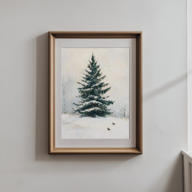 Vintage Christmas Evergreen Tree Painting, Printable Winter Scene, Cozy ...