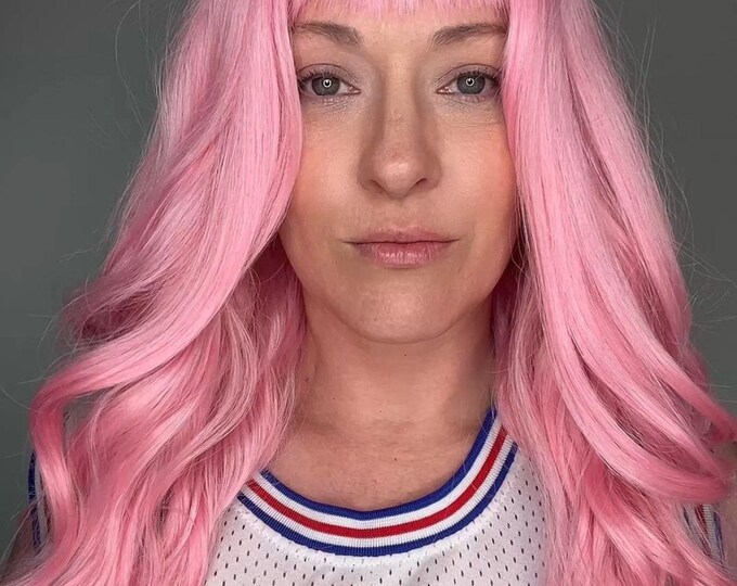 Long Pink Wig With Bangs • Wavy Synthetic Wear-and-go Style - Etsy