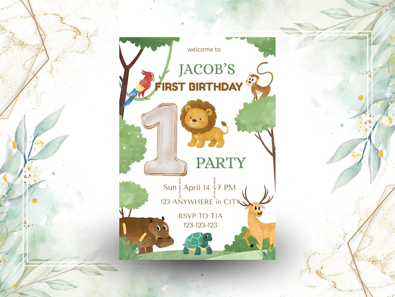 Safari Jungle First Birthday Invitation: Animal Kingdom Party Invite ...