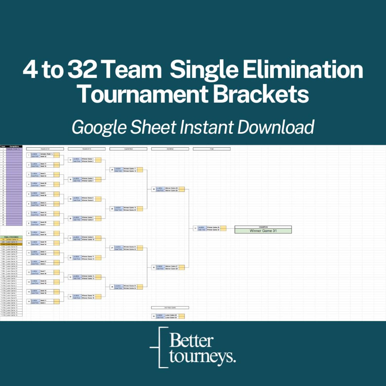 Customizable Tournament Bracket Template: 4-32 Teams Single Elimination ...