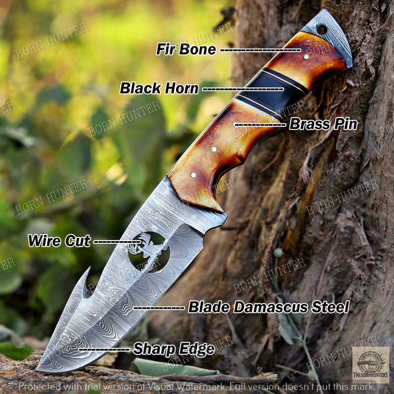 Custom Damascus Skinner Knife With Wire Cut Blade & Sheath Outdoor ...