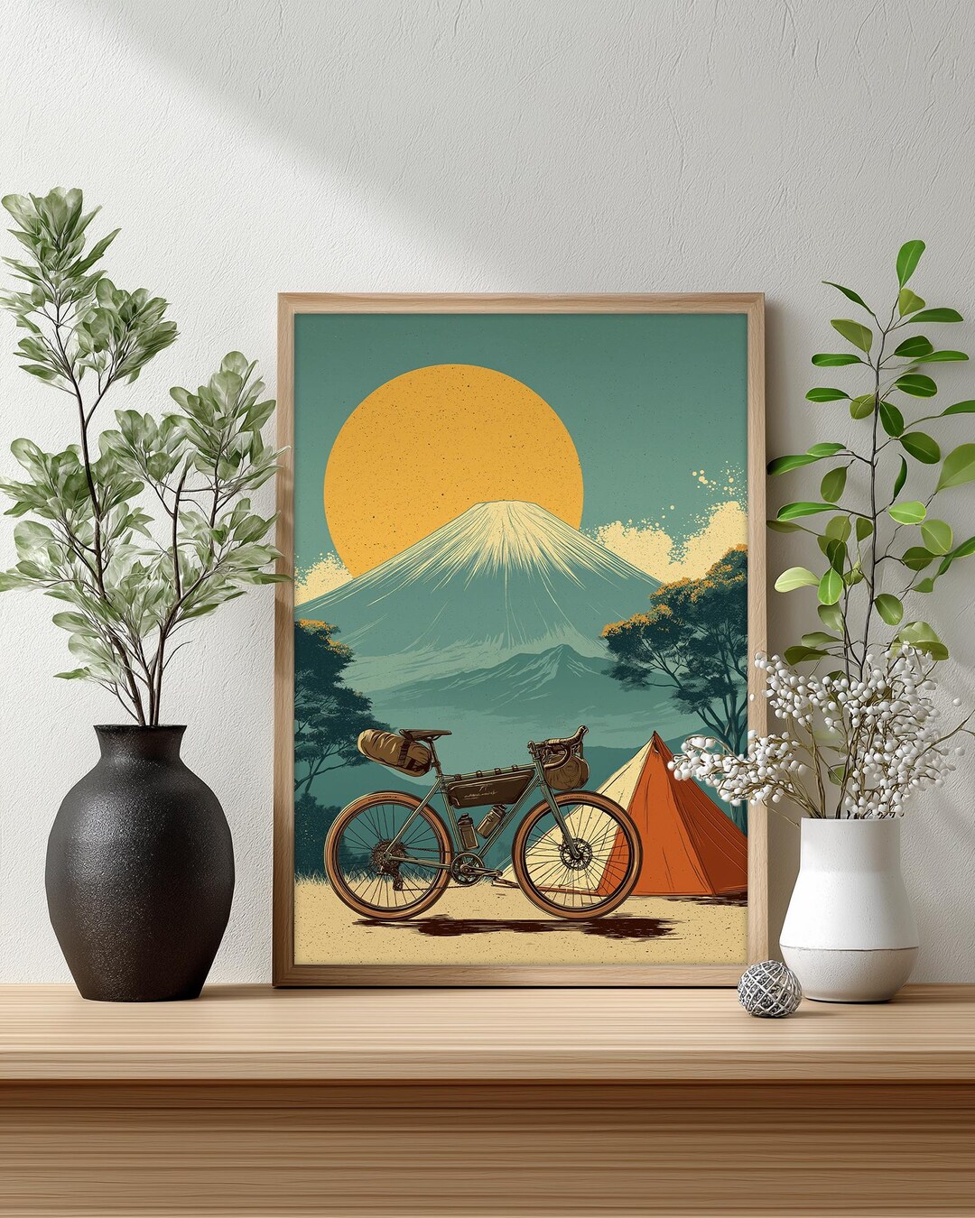 Mount Fuji Motif B With Wooden Frame – Bikepacking Wall Decor | Vintage ...