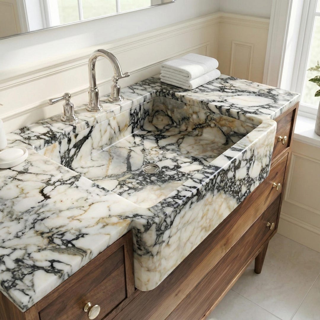 Handmade Calacatta Marble Vanity Sink, Custom Marble Bathroom Vanity ...