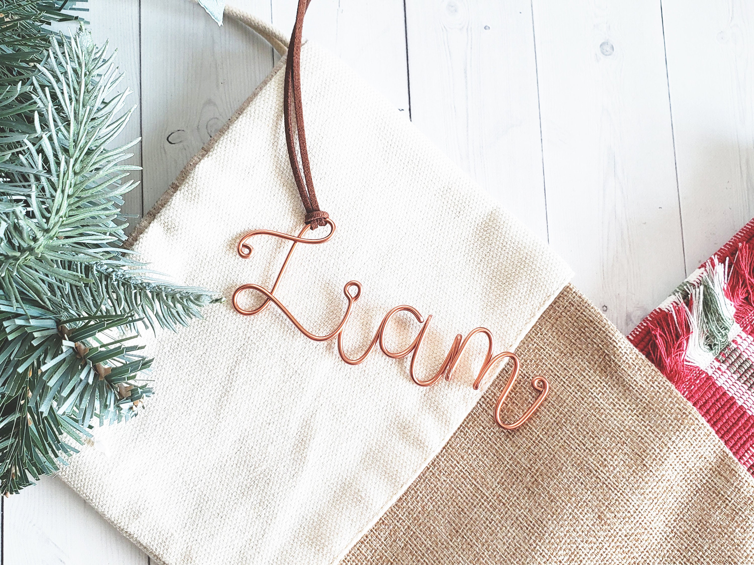 Custom Wire Name Stocking Tags Monogram Suede Leather Bauble - Etsy
