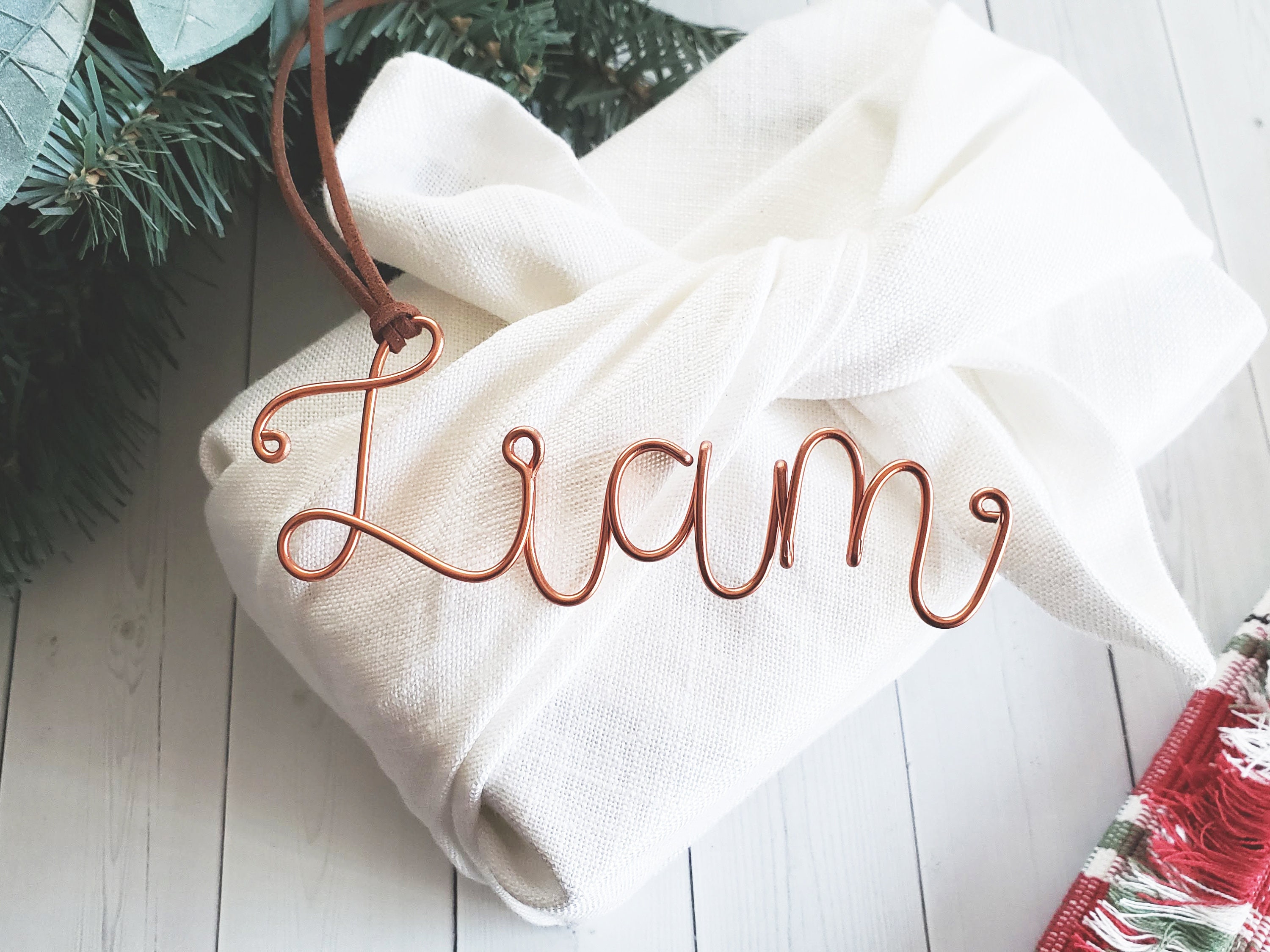Custom Wire Name Stocking Tags Monogram Suede Leather Bauble - Etsy
