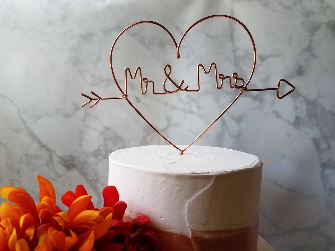 Rustic Cake Topper Wire Cake Topper Heart Mr and Mrs Cake Topper Copper ...