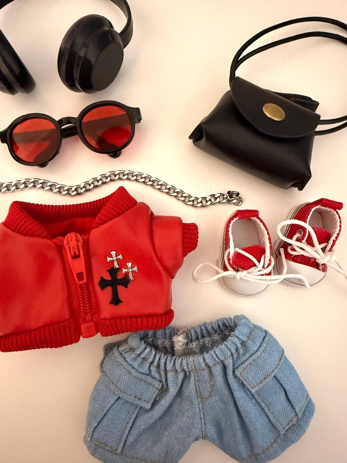 Labubu Street Style Outfit – Red Leather Jacket, Denim Pants, Sneakers ...