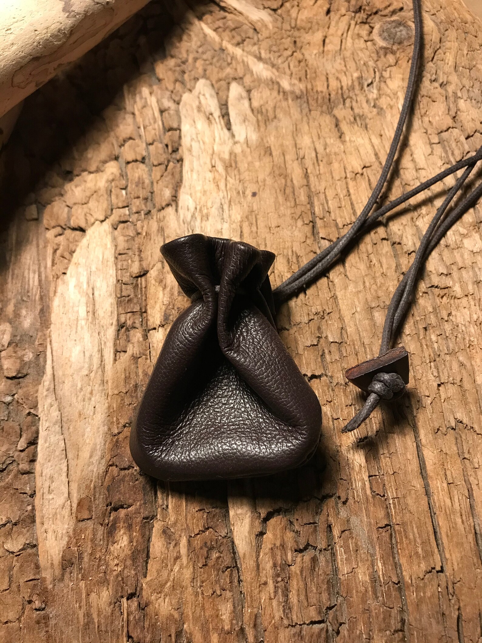 Leather Neck Pouch Bag, Brown Pouch Bag Necklace, Crystal Sack, Spirit ...