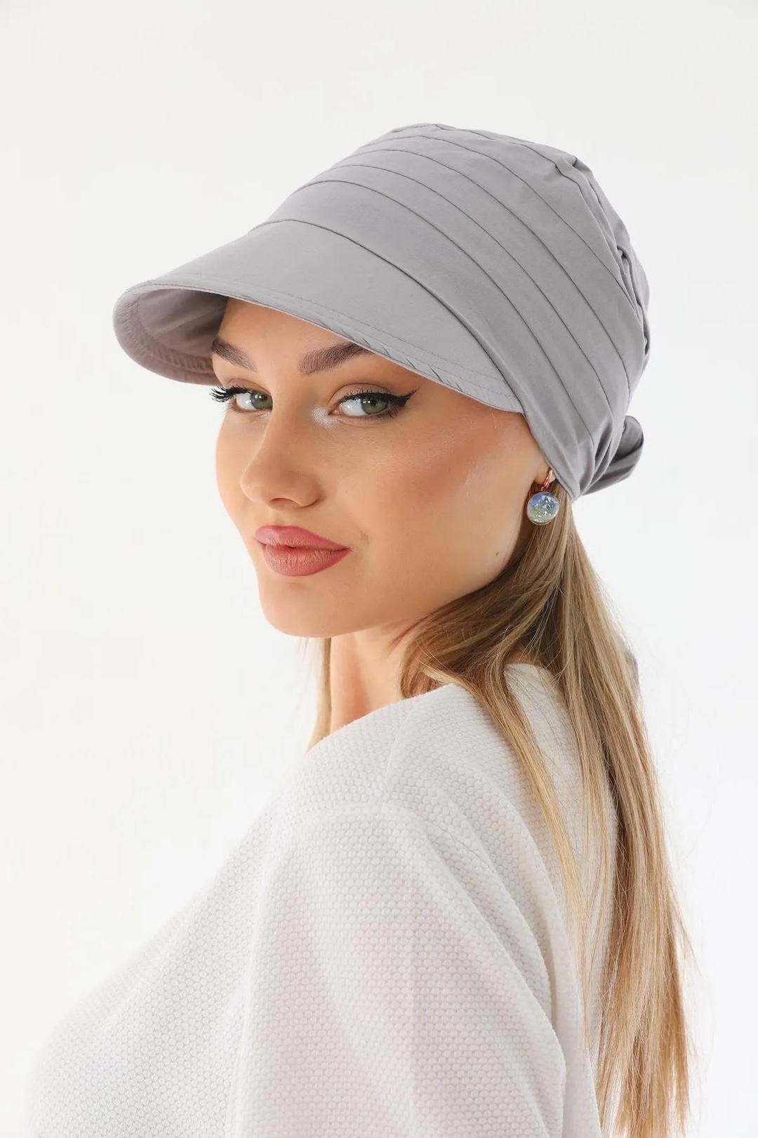 Elegant Gray Head Cover for Women | Pleated Chemo Cap and Modest Visor ...
