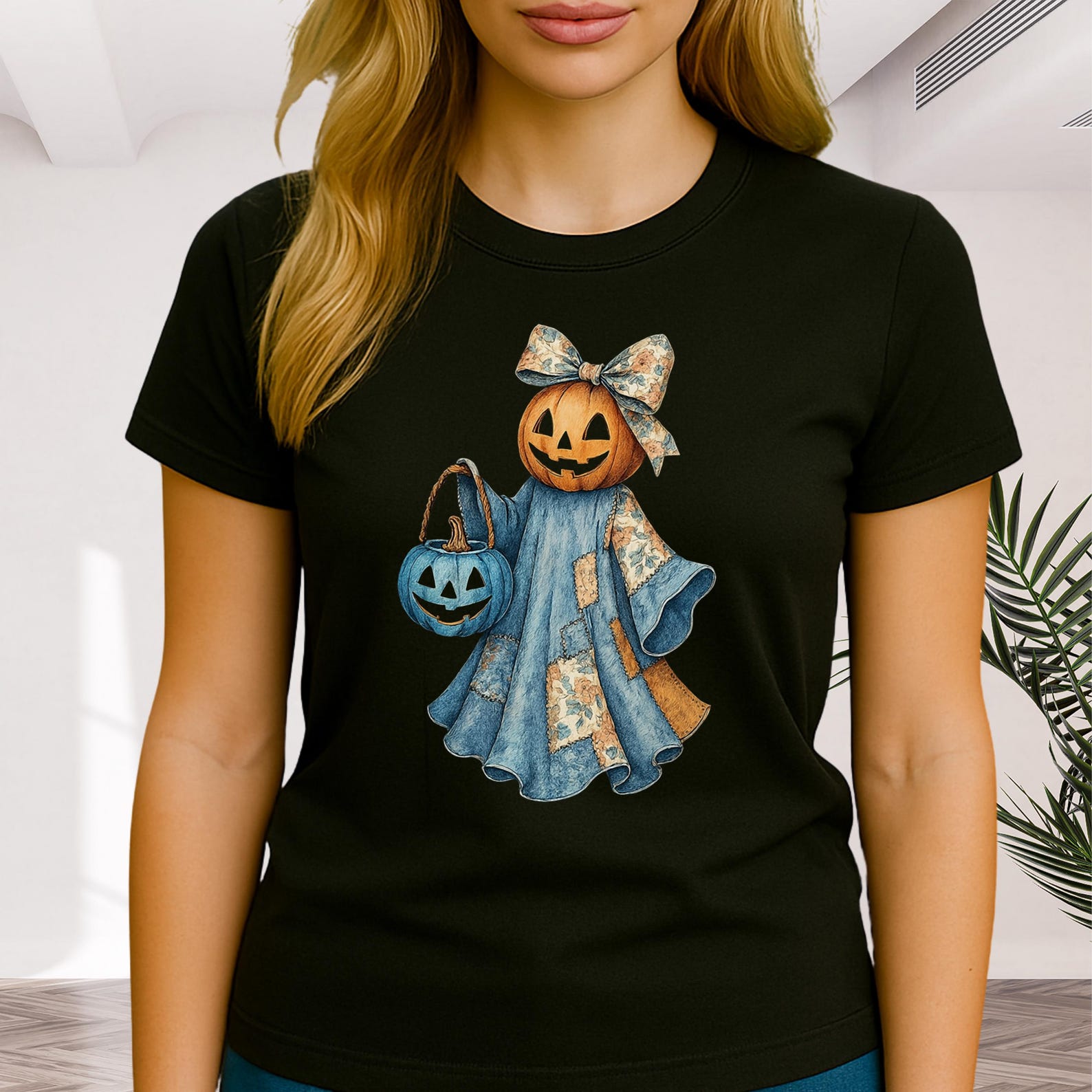 Halloween Blue Denim Ghost Dtf Transfers, Patchwork Spooky Ghost ...