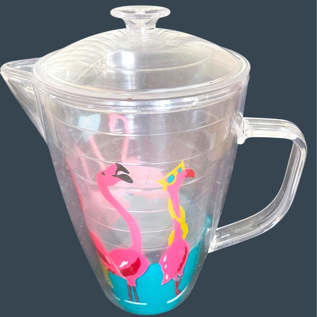 Retro Pink Flamingo Pitcher 64oz Insulated Clear Plastic Lid Fun Pool ...