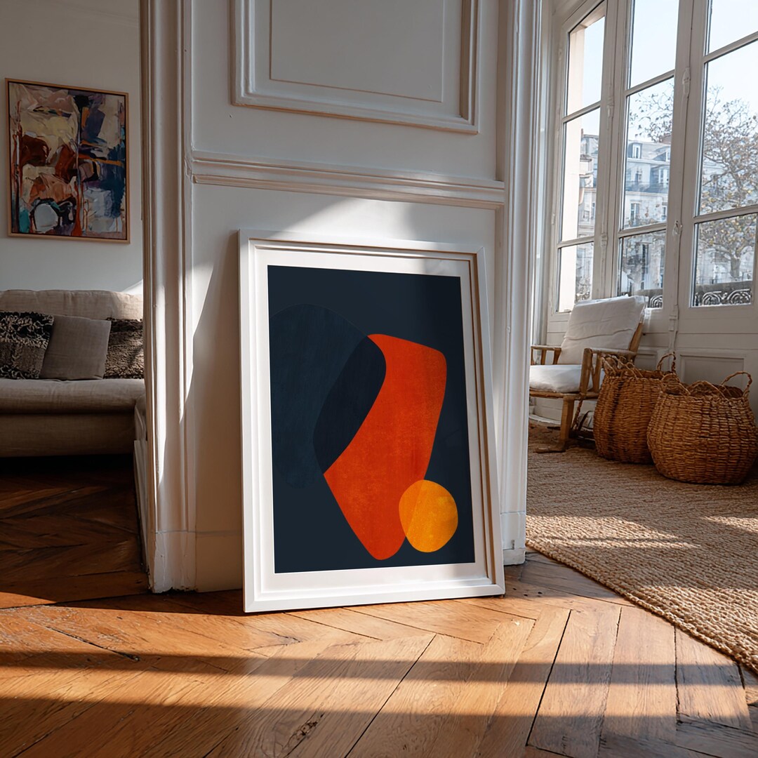 Bold Mid-century Abstract Wall Art, Dark Navy and Orange Geometric ...