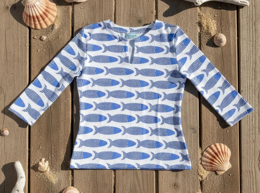 Blue Fish Print Rash Guard Top: Women's 3/4 Sleeve UV Protection - Etsy