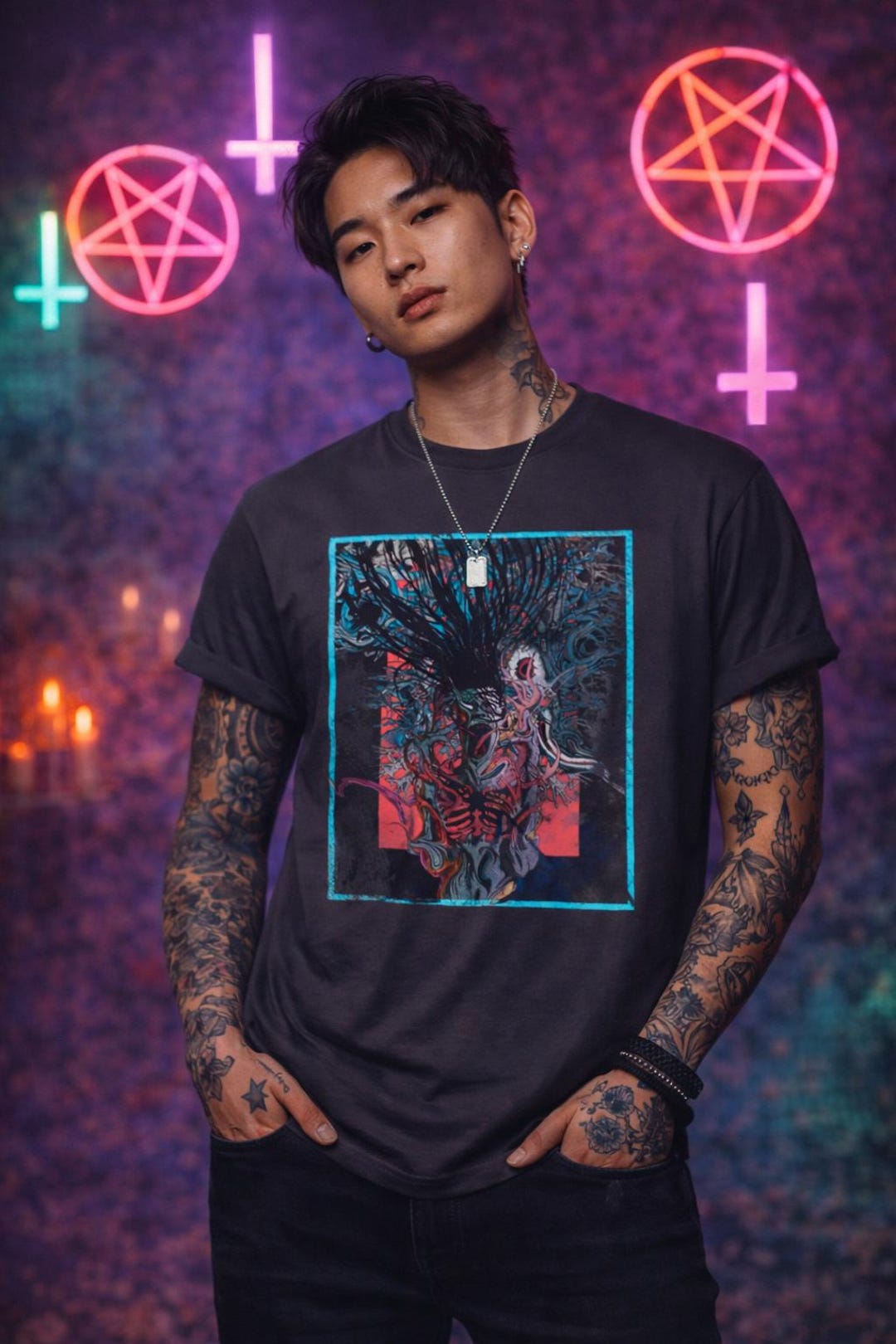 Colorful Dancing Demons T-shirt | Pop Art Horror, Vibrant Hand-drawn ...