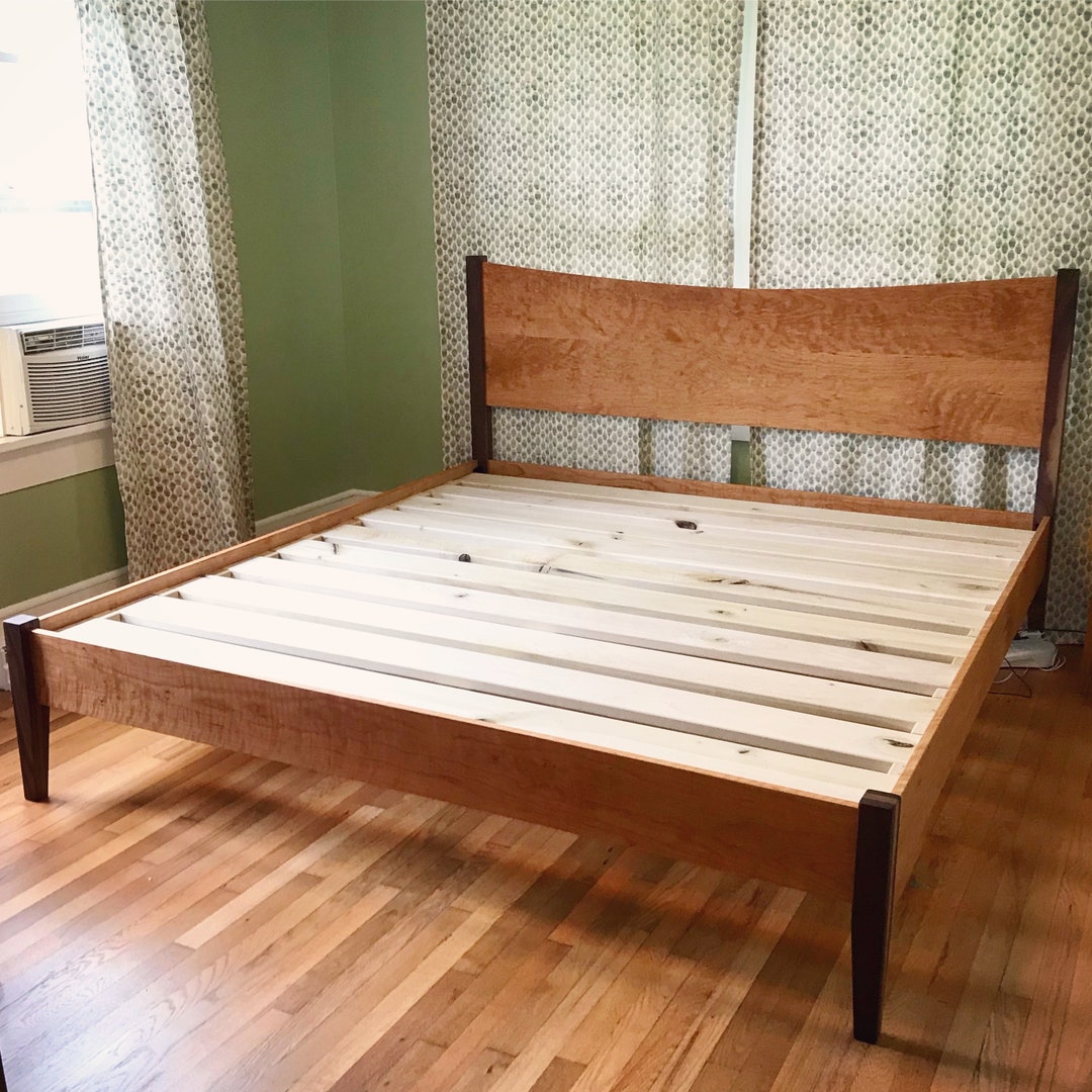 CURLY CHERRY & WALNUT Platform Bed Frame Curved Headboard Solid ...
