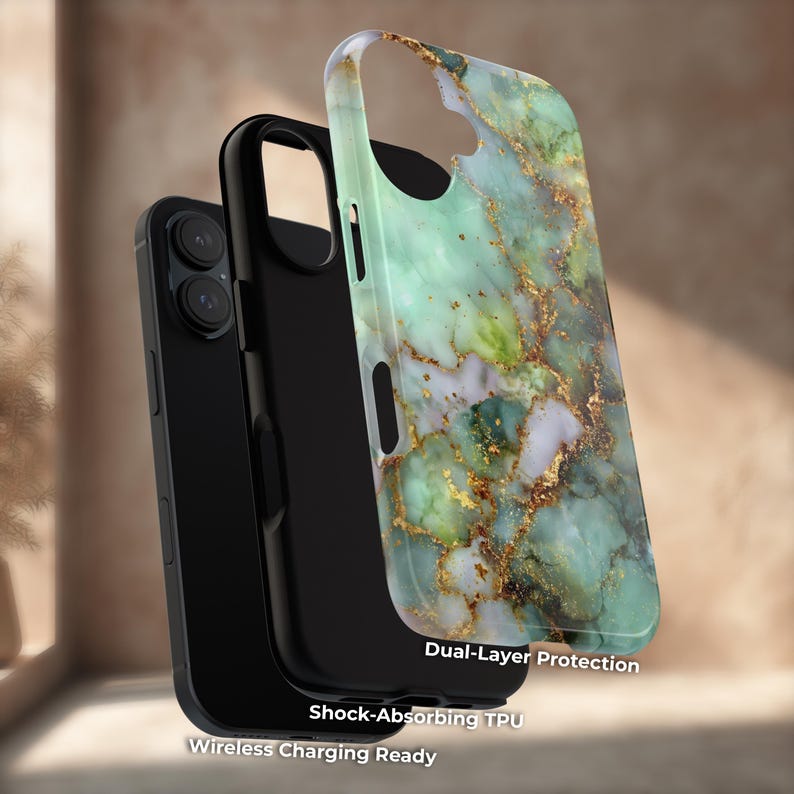 Tough Phone Case Mint Green Marble With Gold Veins Sage Teal Stone ...