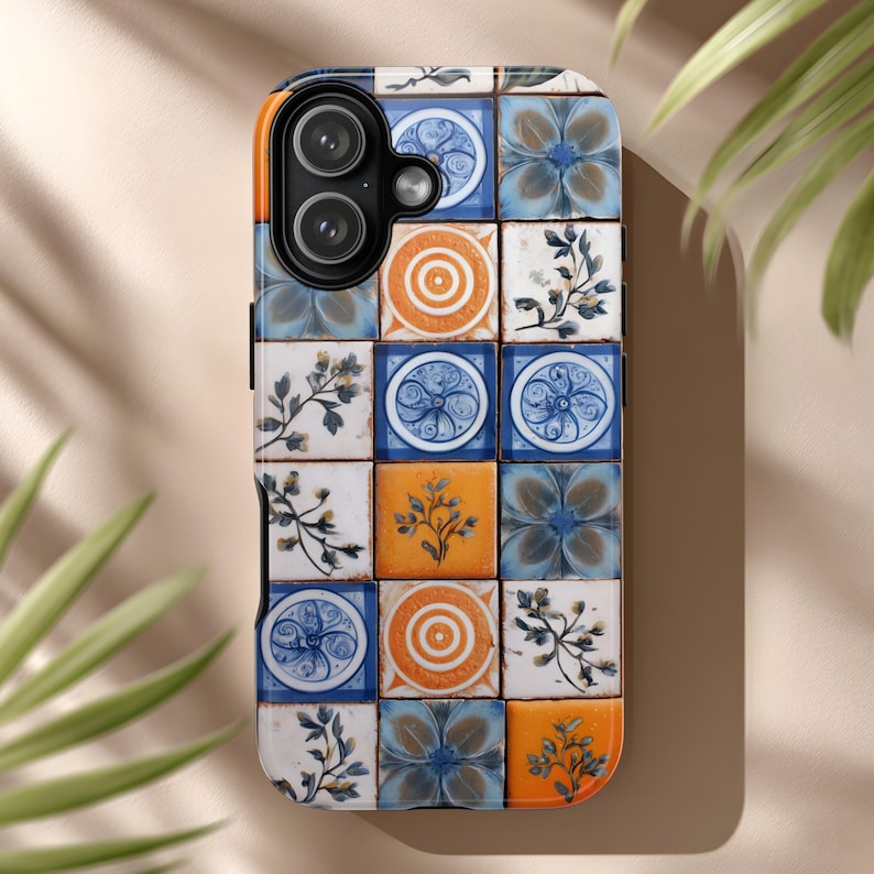 Tile Print Phone Case Mediterranean Blue Orange Citrus Art Rustic ...