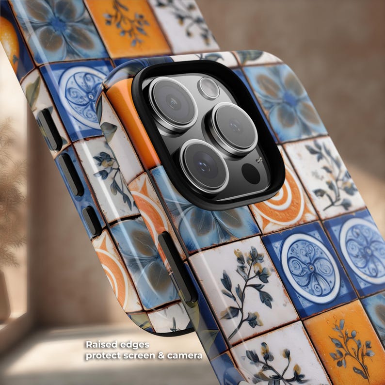 Tile Print Phone Case Mediterranean Blue Orange Citrus Art Rustic ...