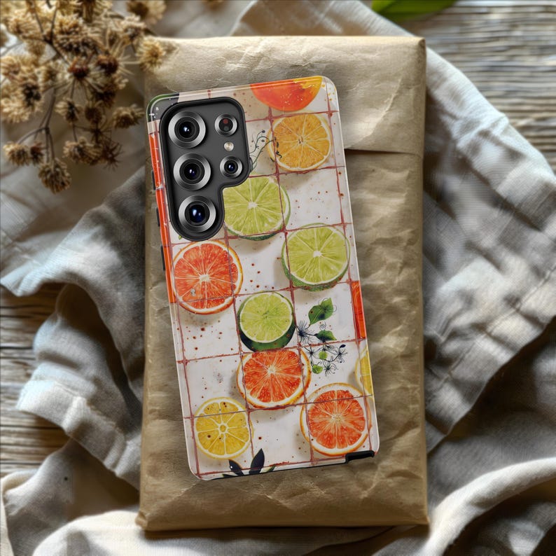 Sunny Citrus Phone Case Orange Lemon Lime on Rustic Kitchen Tiles ...