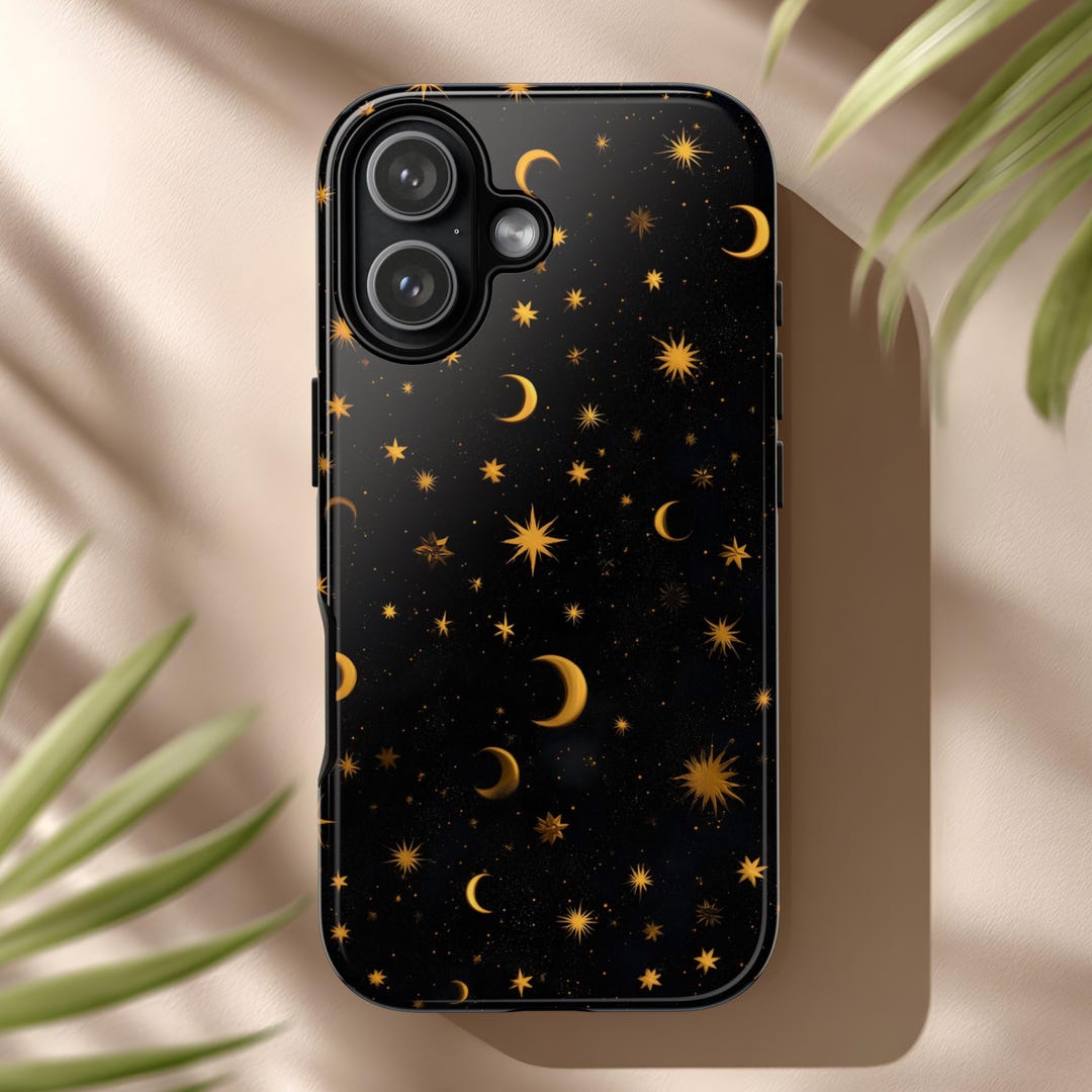 Celestial Night Sky Phone Case Gold Crescent Moons and Stars on Black ...