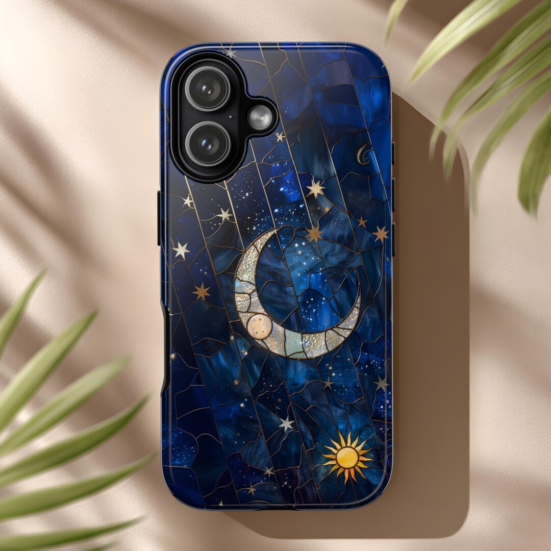 Stained Glass Phone Case Crescent Moon and Sun in Midnight Blue ...