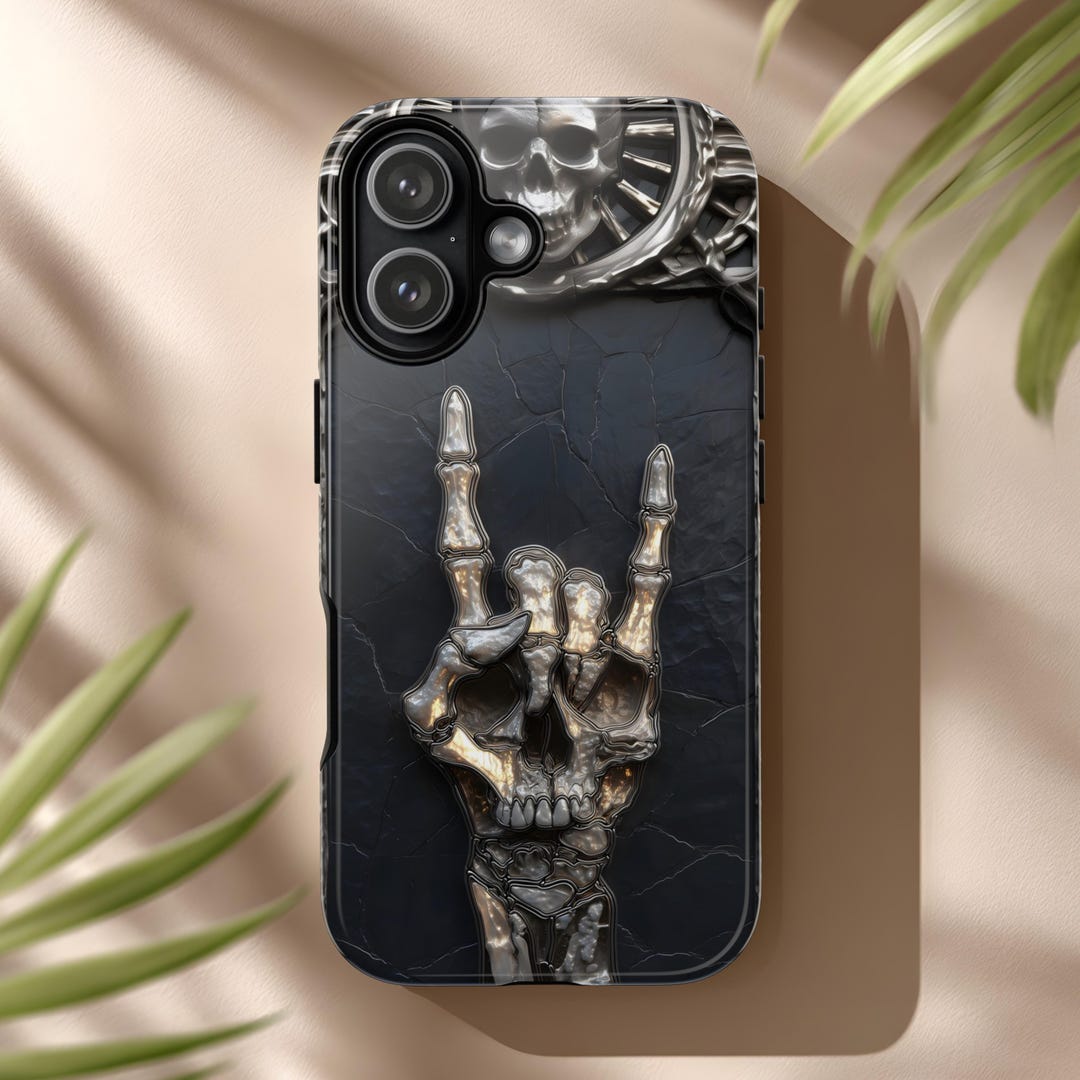 Skull Hand Gothic Phone Case, Silver Bas Relief Rock Gesture on Cracked ...