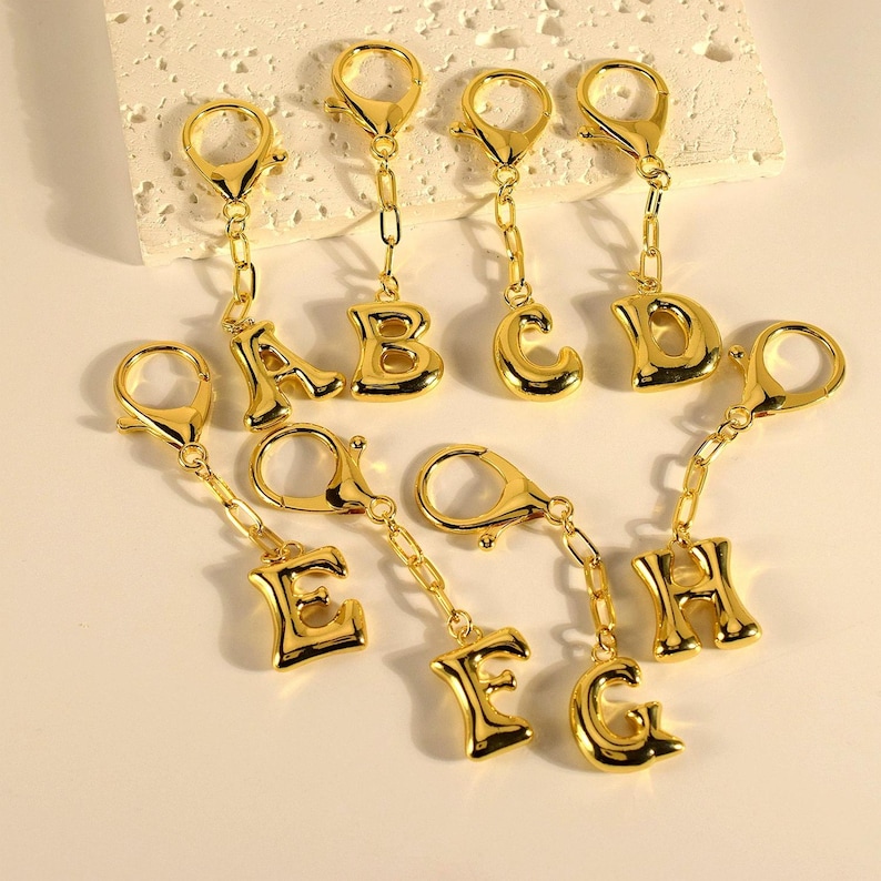 Personalized Initial Keychain: 18k Gold Plated Bubble Letter Bag Charm ...