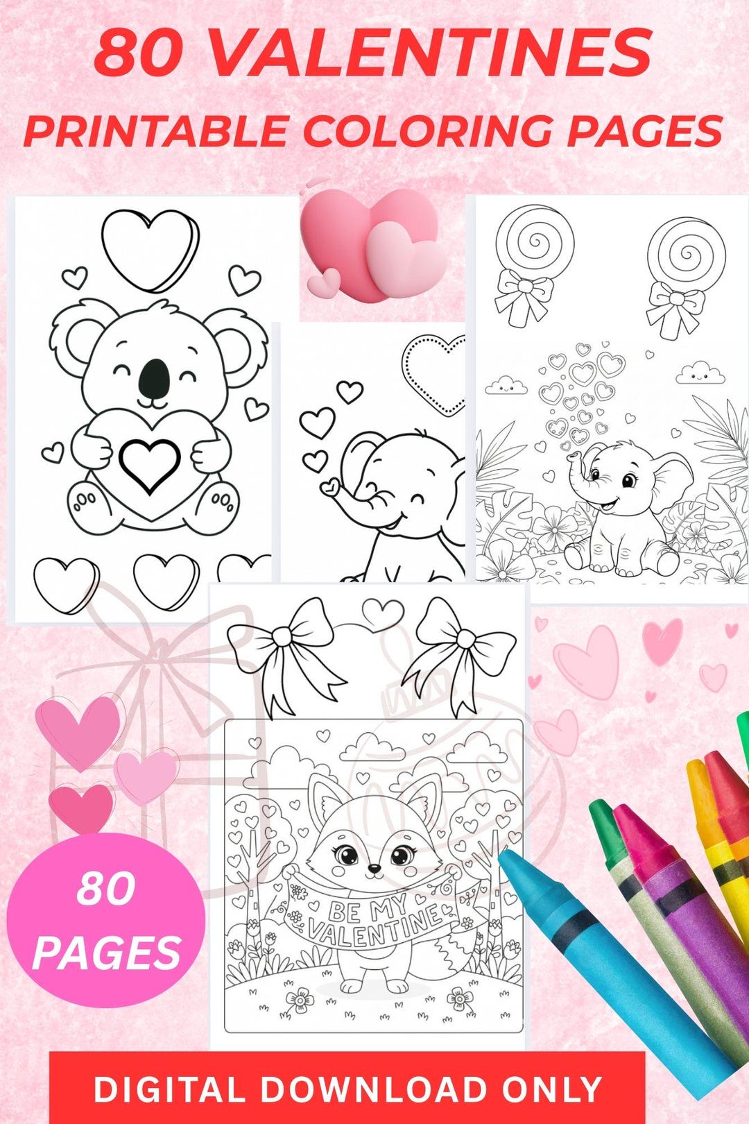 80 Valentine Animal Coloring Pages for Kids (PDF) - Etsy UK