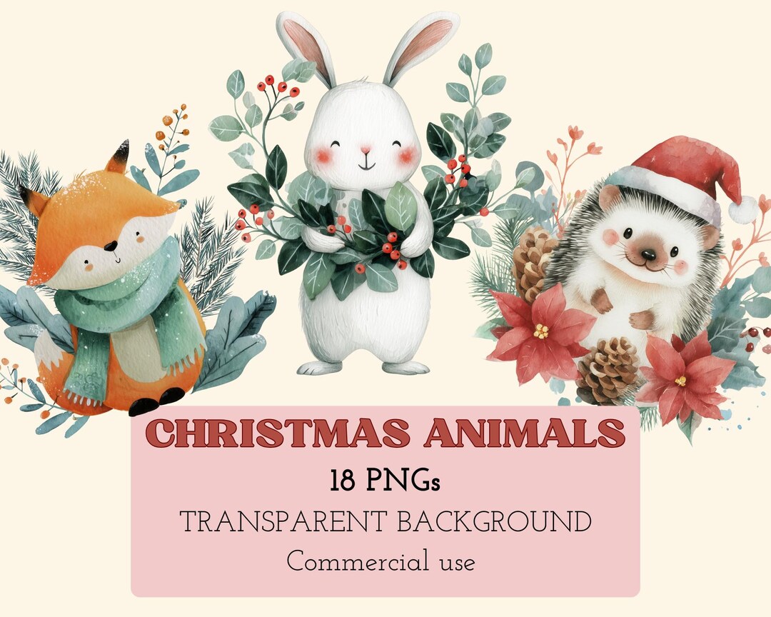 Watercolor Christmas Animal Clipart: Winter Forest PNG Bundle (18 Files ...