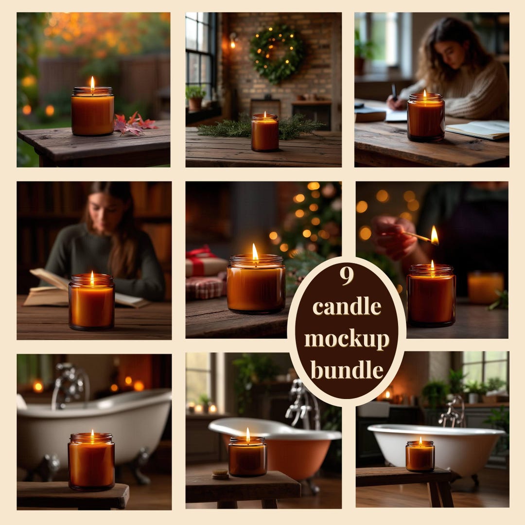 Candle Mockup Bundle: Cozy Holiday Scenes, Study & Vintage Bath (PNG ...