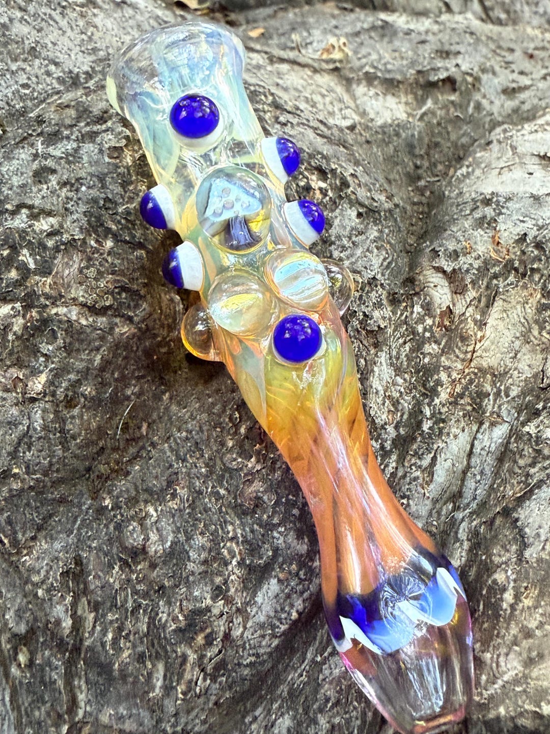 Decorated Blue Mushroom Glass Pipe Chillum. Fumed With Silver and Gold ...