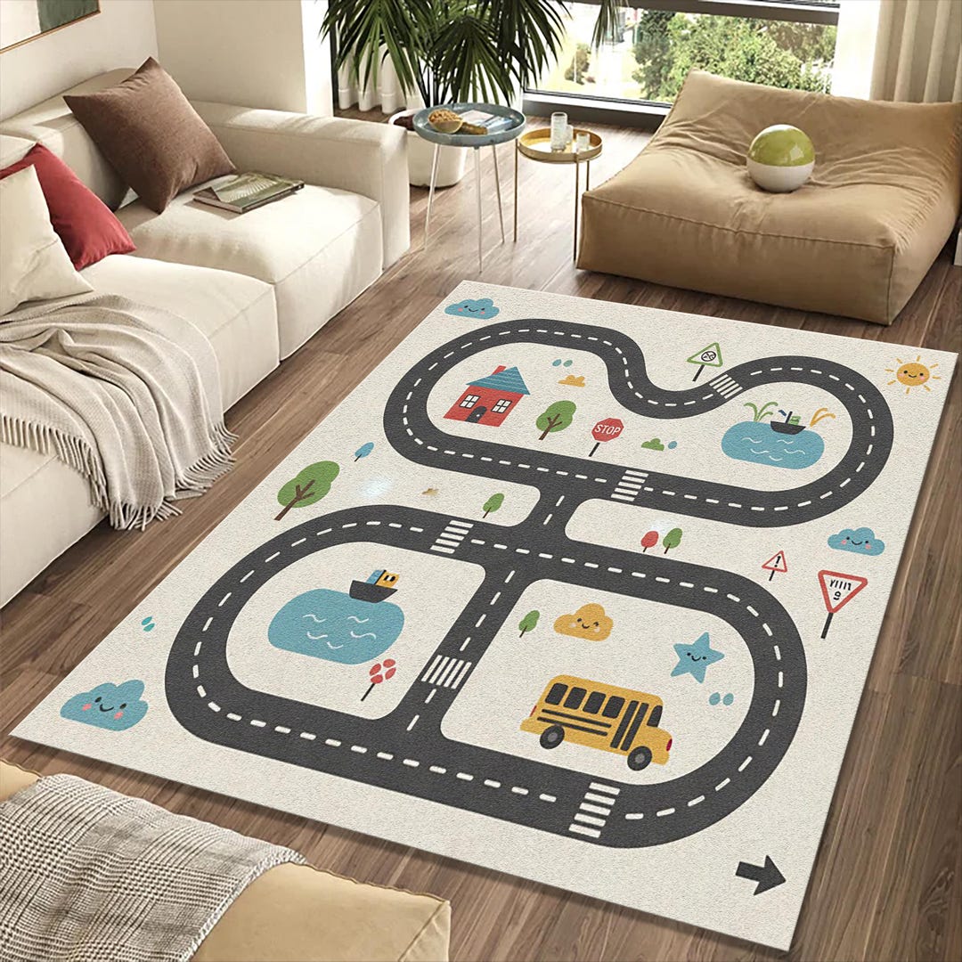 Kids Play Road Map Rug | Children's City Track Area Mat | Cute School ...
