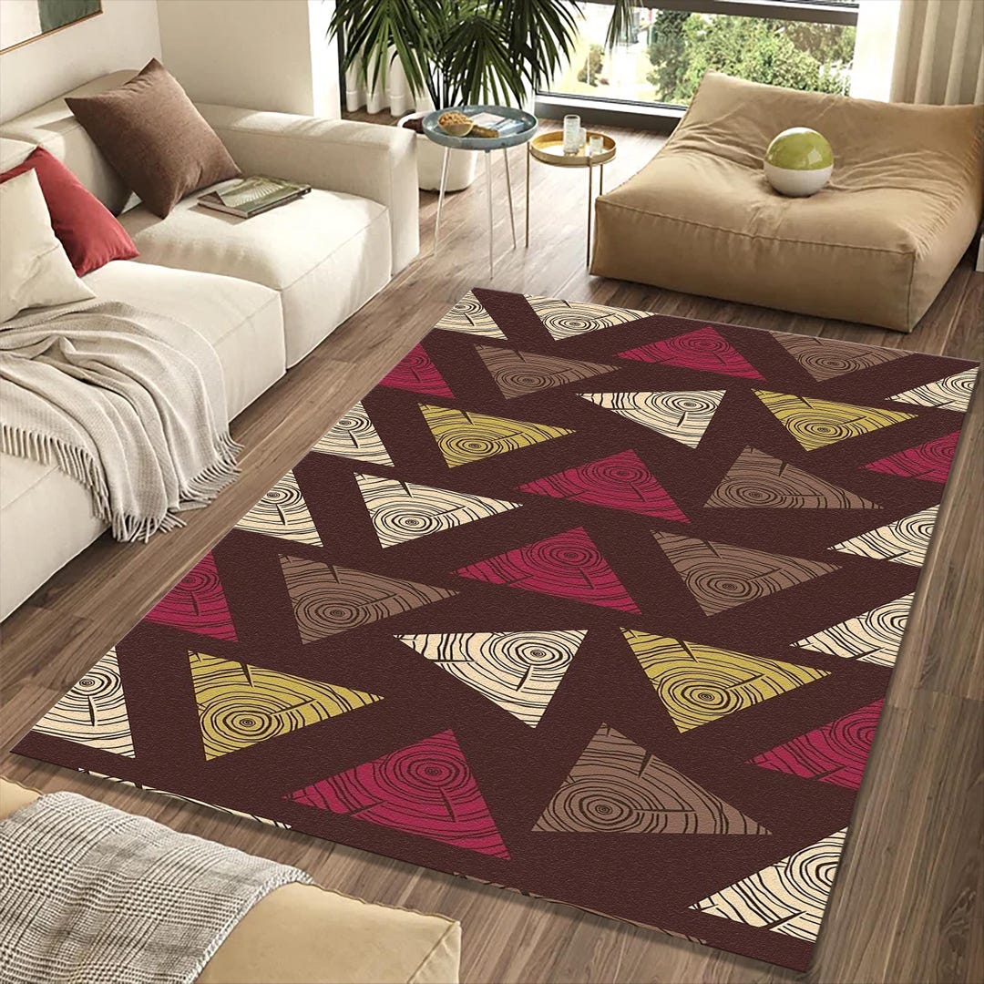 Geometric Wood Slice Triangle Rug | Modern Rustic Tree Ring Pattern Mat ...