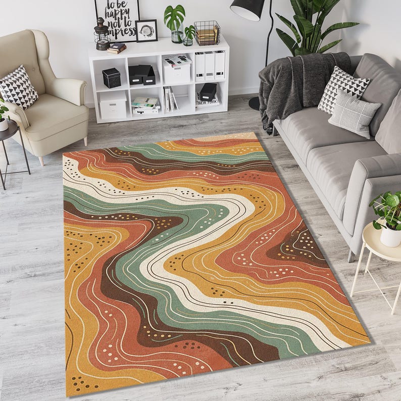 Abstract Earth Tone Wavy Rug | Mid Century Modern Organic Area Mat ...