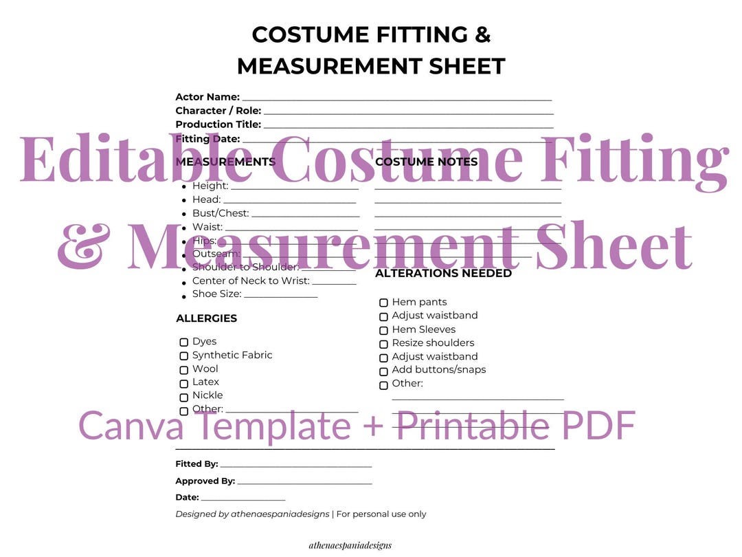 Printable Costume Fitting and Measurement Sheet Also Theatre Production ...