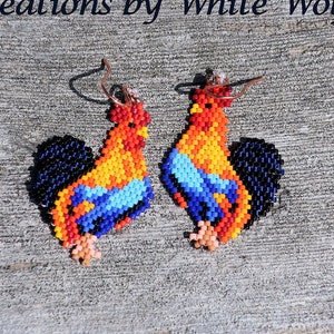 Hand Beaded Rooster Earrings: Colorful Delica Seed Bead Farm Jewelry - Etsy